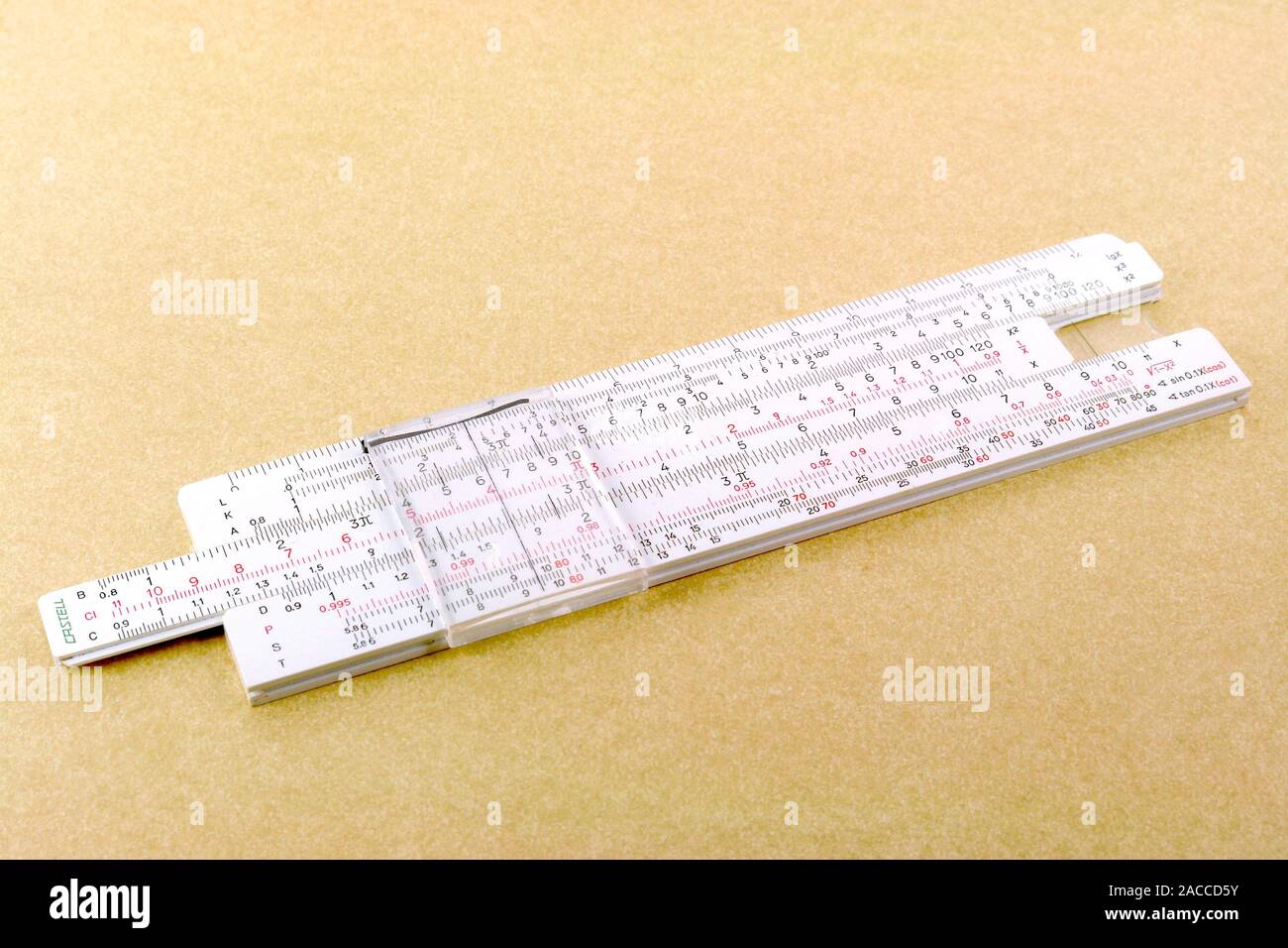 Logarithmic slide rule. This adjustable ruler contains the values for ...