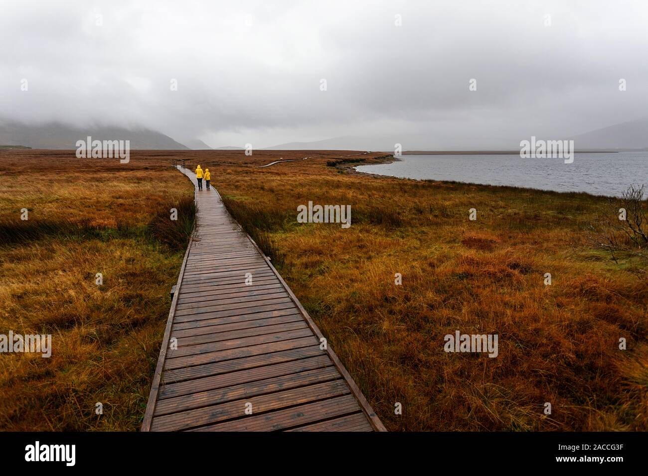 Mother and son walking on signed wooden walkway in Ballycroy National ...
