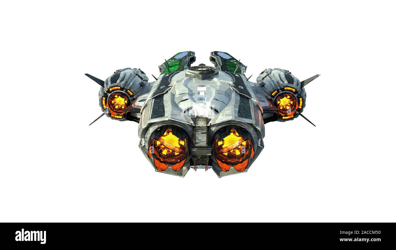 Alien UFO spaceship, spacecraft in flight isolated on white background ...