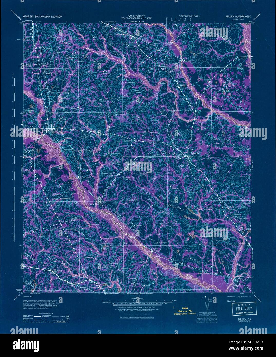 USGS TOPO Map South Carolina GA Millen 247761 1943 125000 Inverted ...