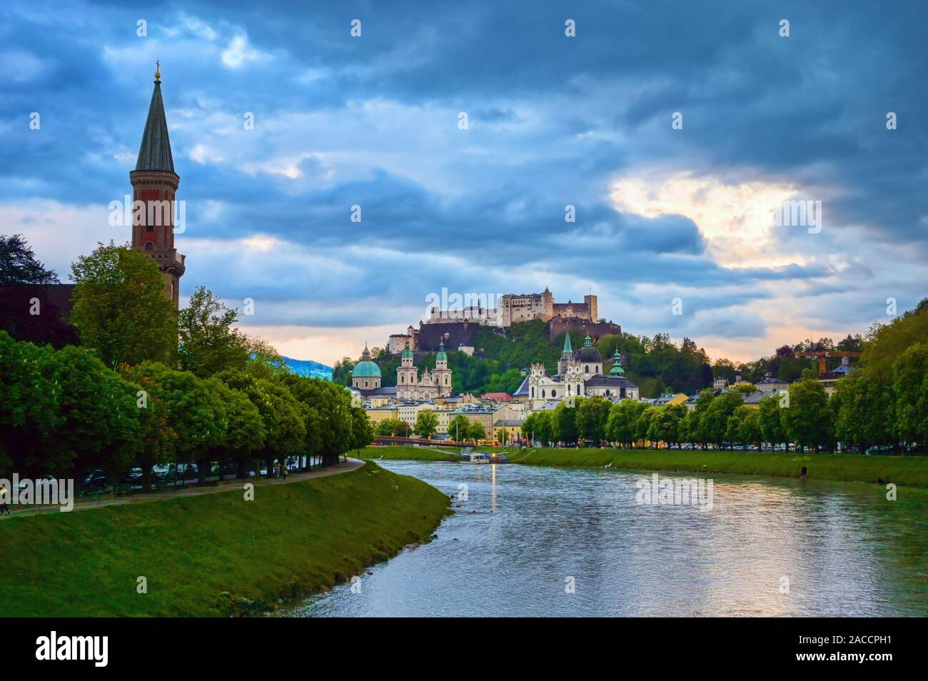 A view of the Austrian city of Salzburg along the Salzach River Stock ...