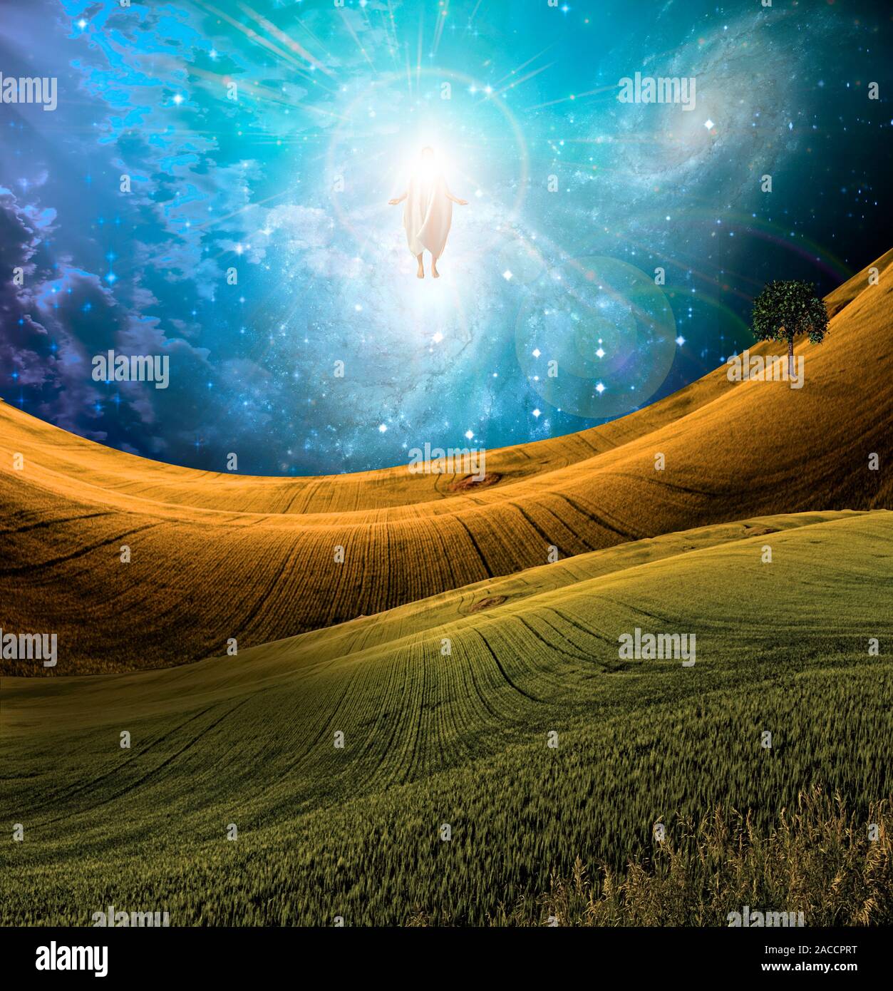 Figure of Light Appears in Sky over Beautiful Landscape Stock Photo - Alamy