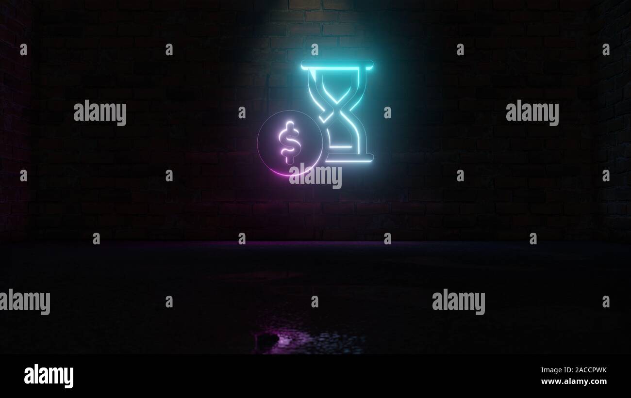 3D rendering of blue violet neon symbol of hourglass with dollar symbol ...