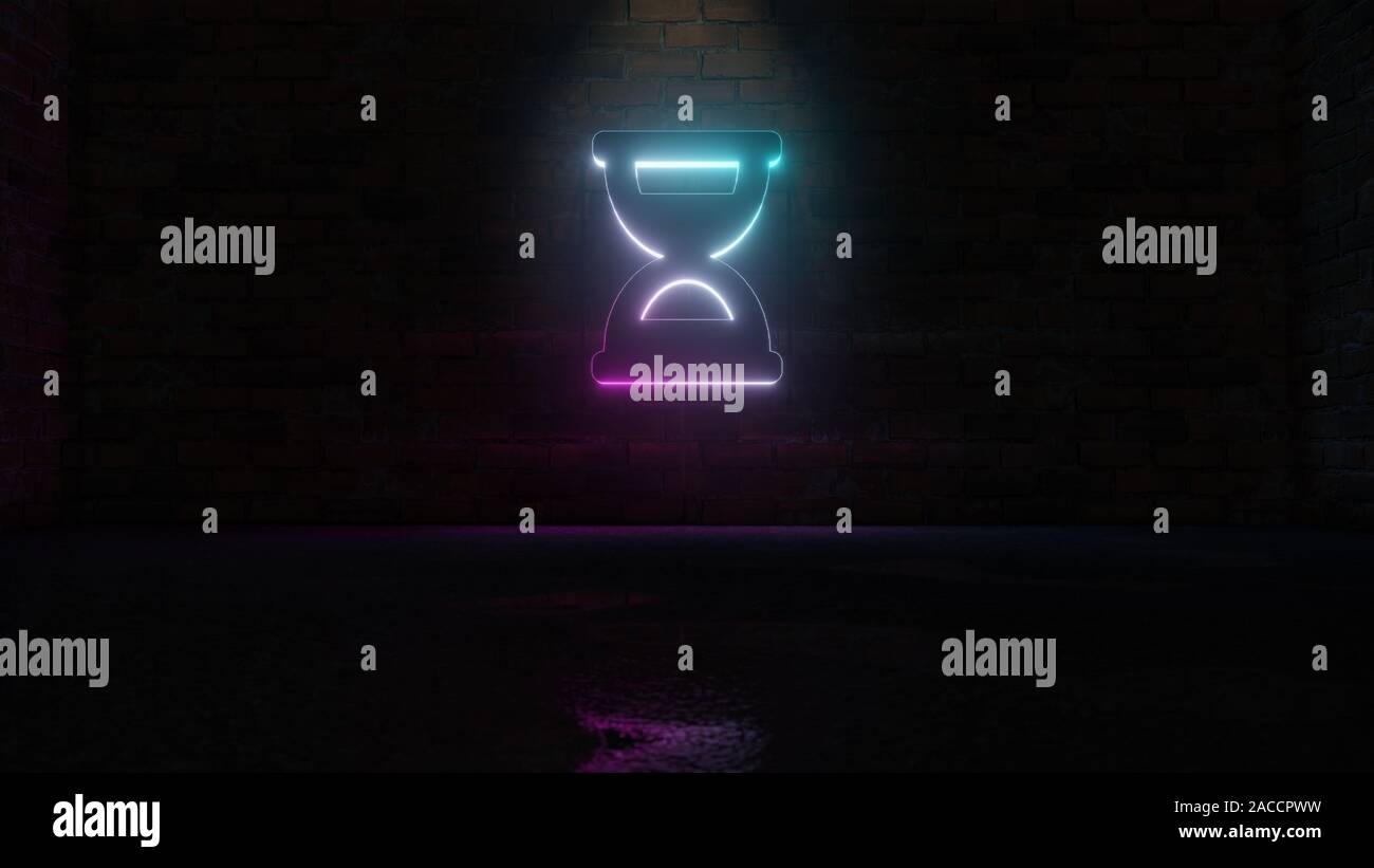 3D rendering of blue violet neon symbol of hourglass in half phase on ...