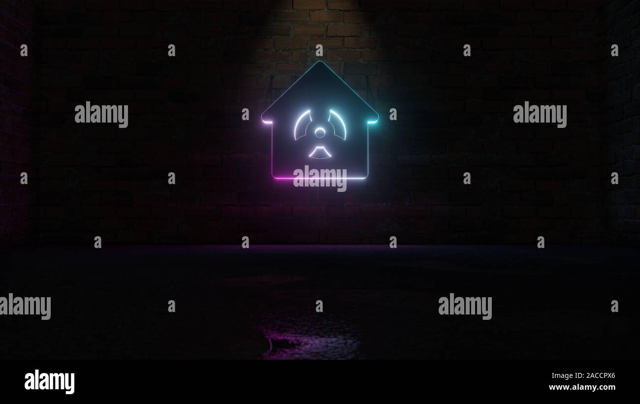 3D rendering of blue violet neon symbol of house with radiation symbol ...