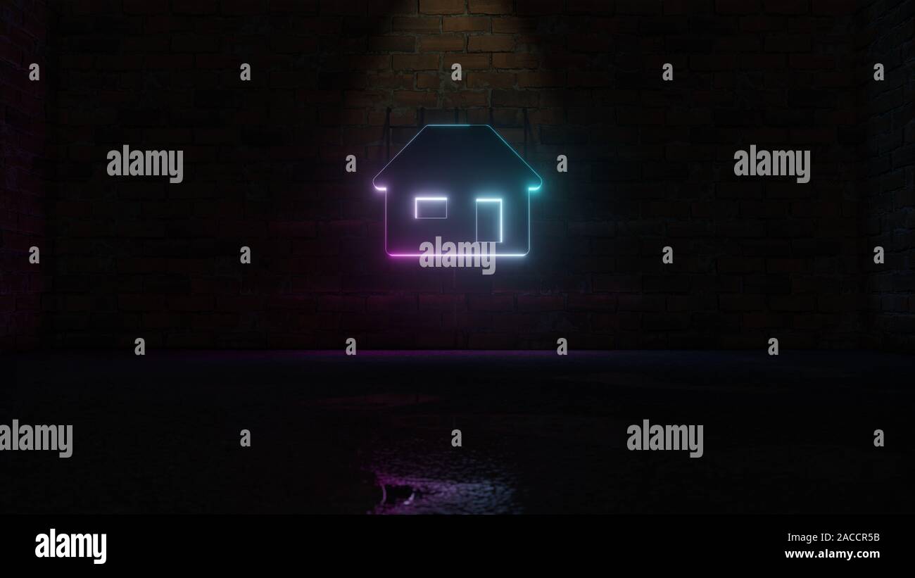 3D rendering of blue violet neon symbol of house with window and door ...