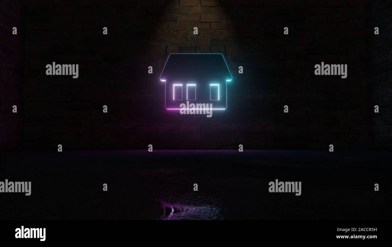 3D rendering of blue violet neon symbol of house with three big windows ...