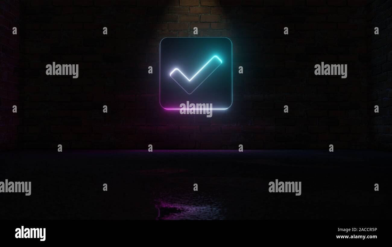 3D rendering of blue violet neon symbol of check mark in rounded square ...