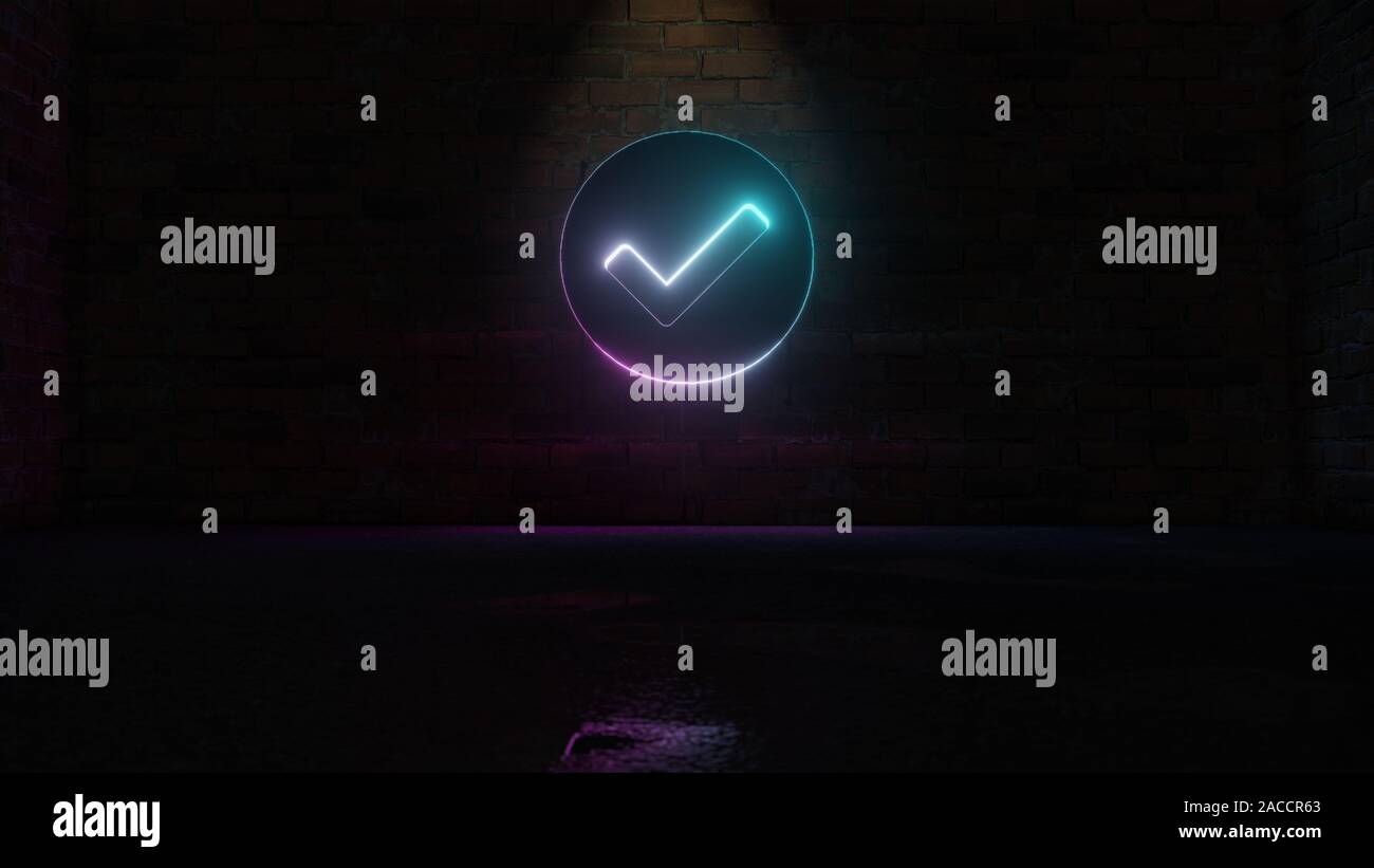 3D rendering of blue violet neon symbol of check mark in circle on dark ...