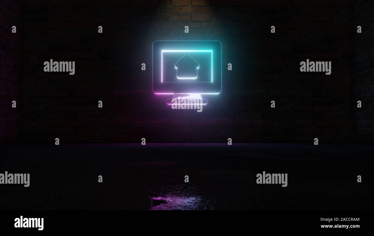 3D rendering of blue violet neon symbol of monitor with house on screen ...