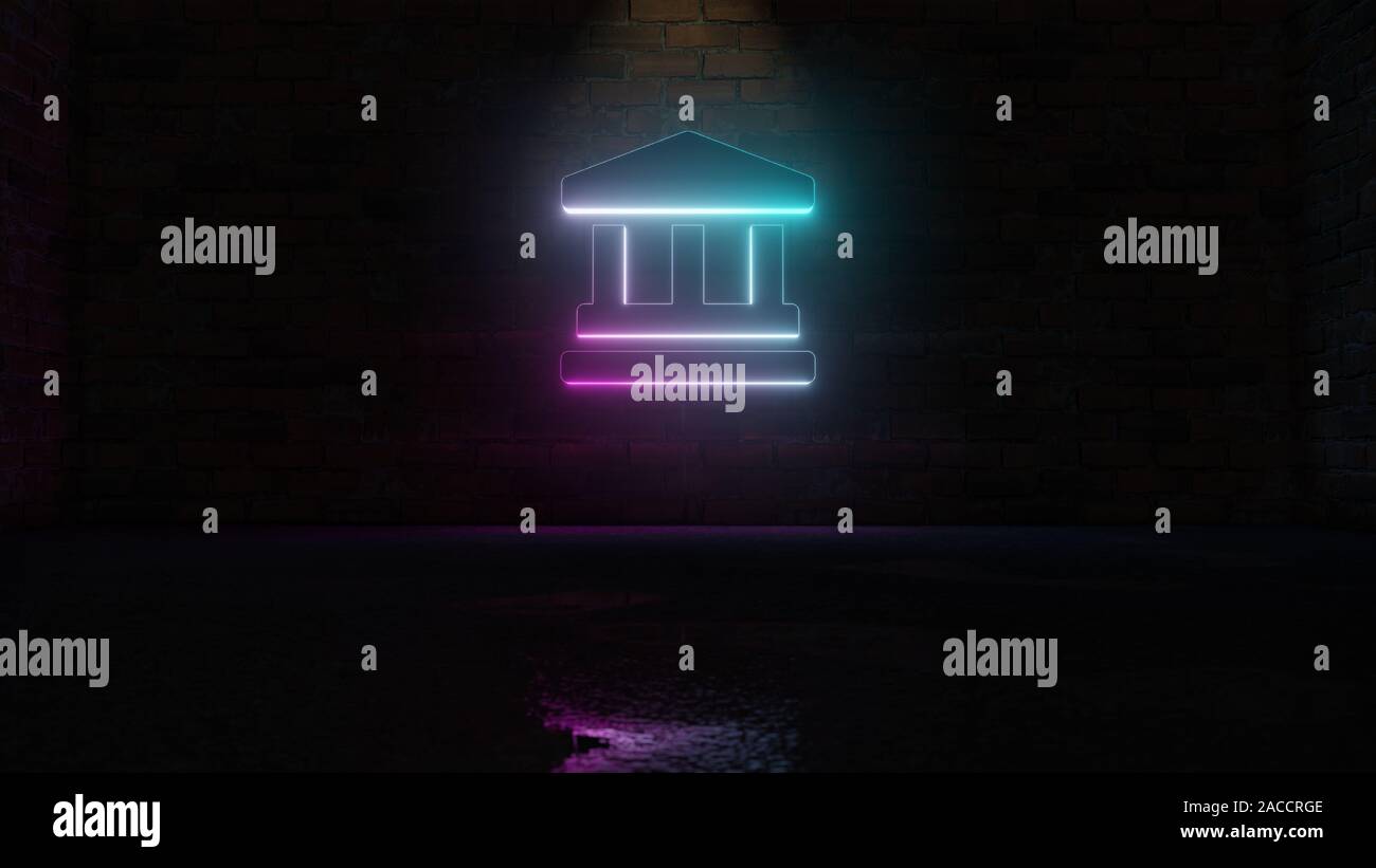 3D rendering of blue violet neon symbol of ancient Greek temple on dark ...