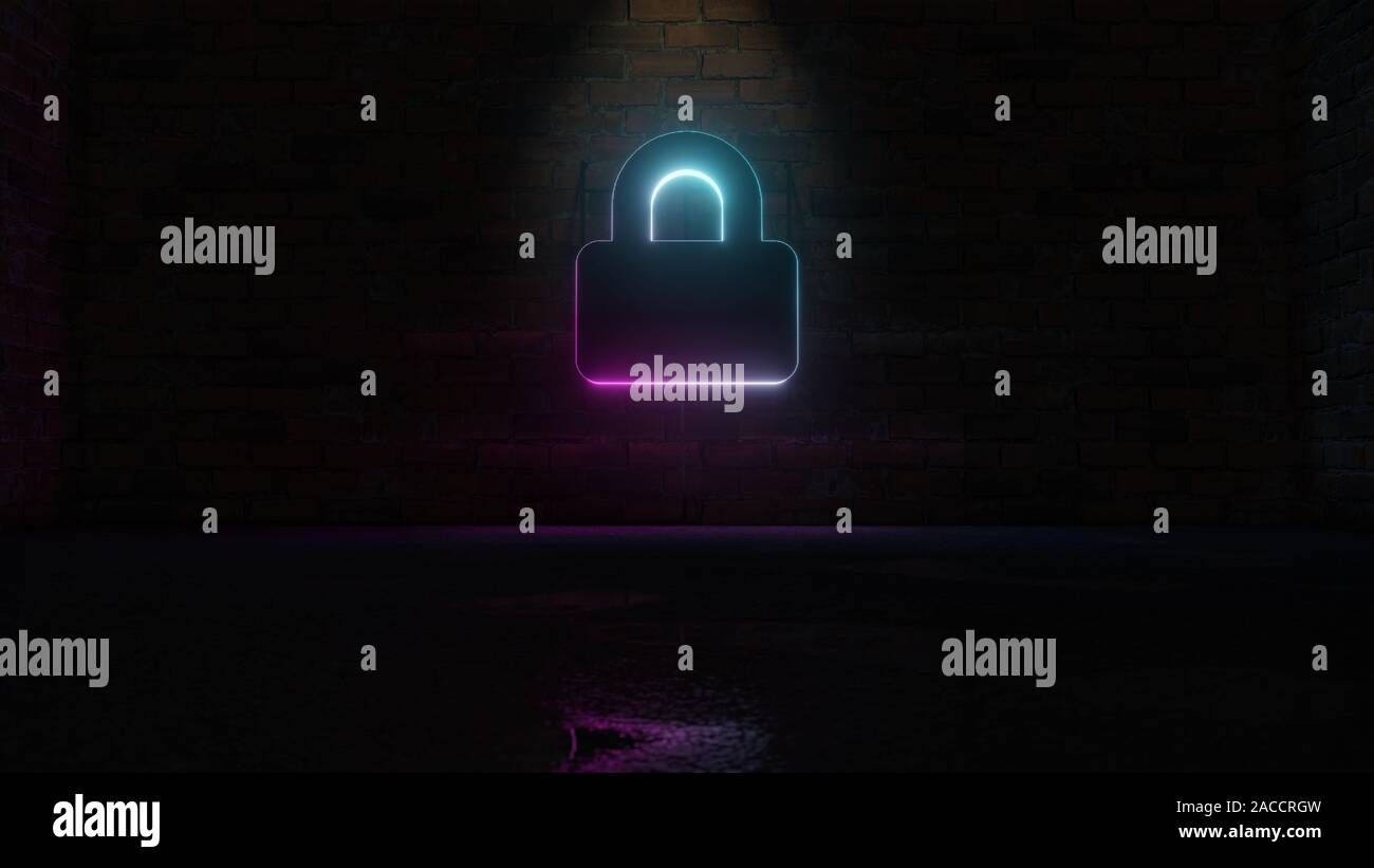 3D rendering of blue violet neon symbol of lock on dark brick wall ...
