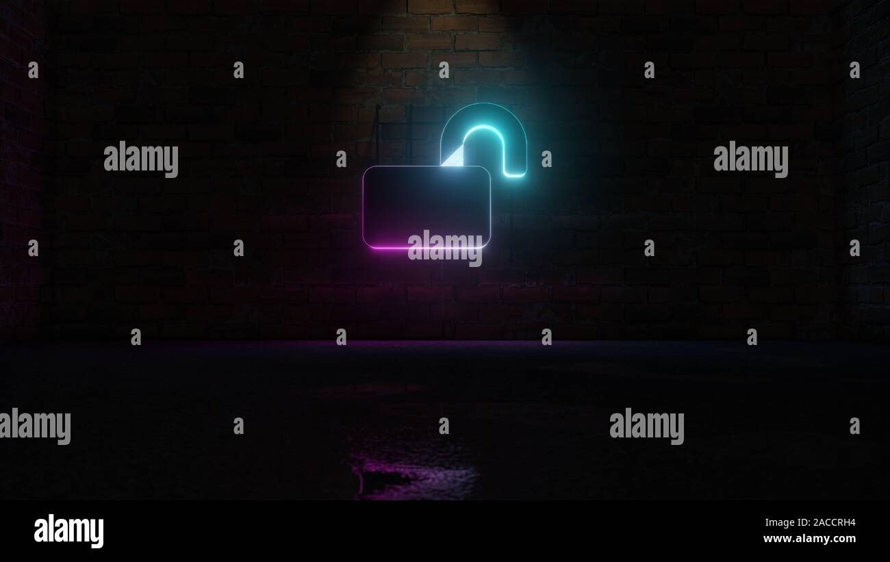 3d Rendering Of Blue Violet Neon Symbol Of Lock Open On Dark Brick Wall Background With Wet