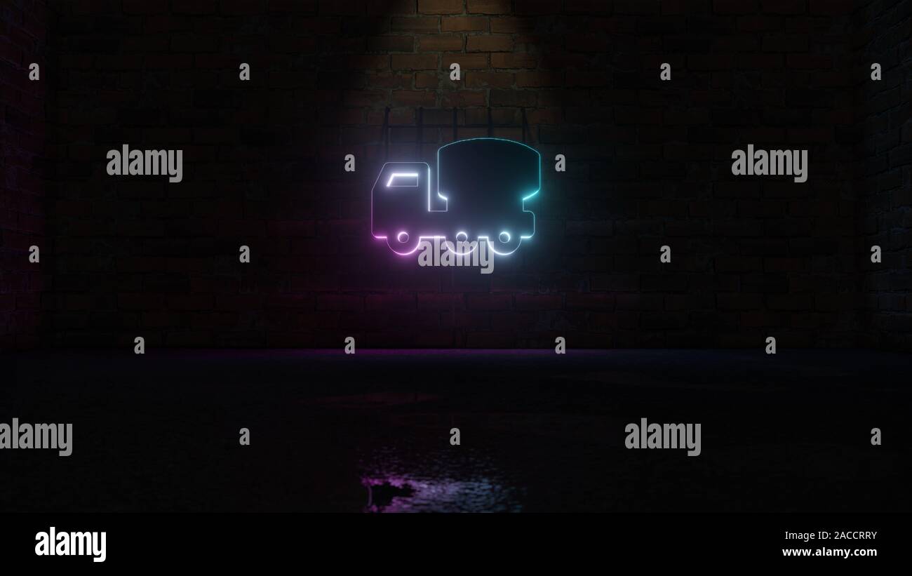 3D rendering of blue violet neon symbol of concrete mixer truck on dark ...