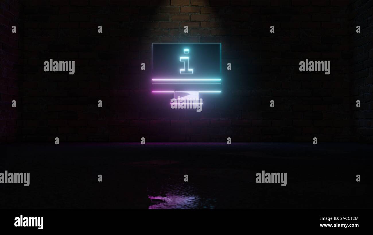 3D rendering of blue violet neon symbol of monitor with information ...