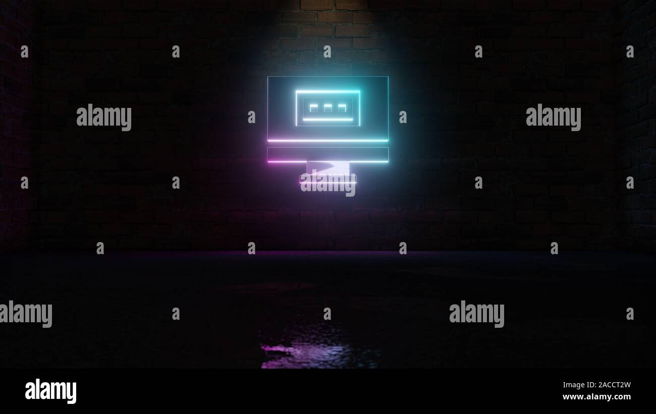 3D rendering of blue violet neon symbol of monitor with password frame ...