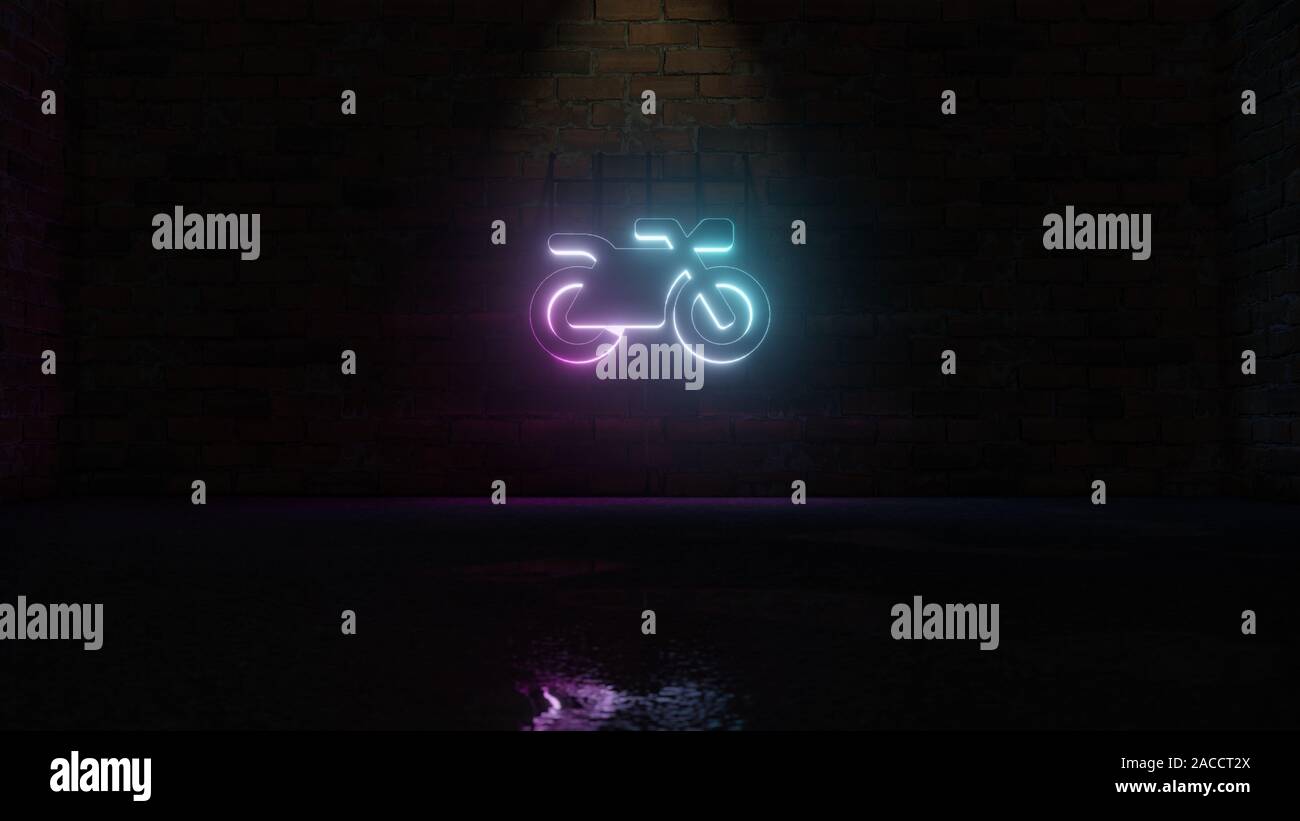 3D rendering of blue violet neon symbol of motorcycle on dark brick ...