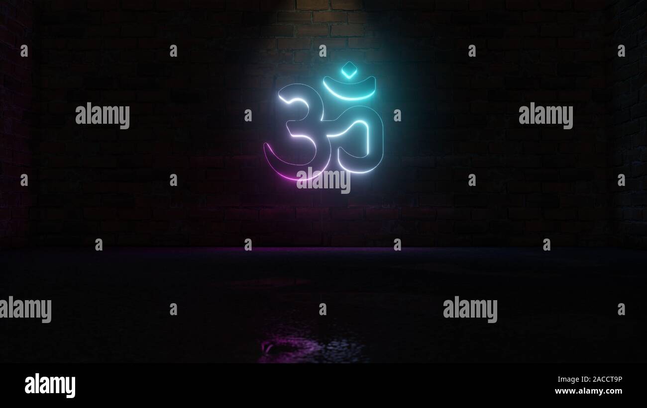 3D rendering of blue violet neon symbol of om symbol on dark brick wall ...