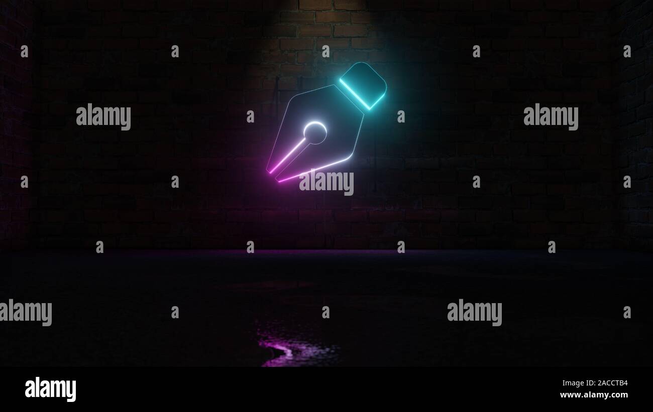 3D rendering of blue violet neon symbol of pen nib on dark brick wall ...