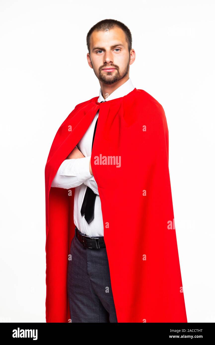 Young super businessman standing on white background Stock Photo - Alamy