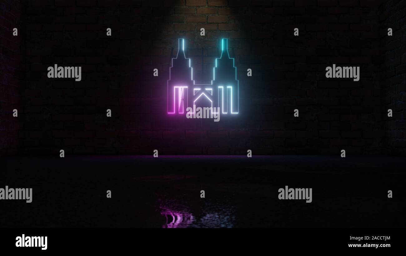 3D rendering of blue violet neon symbol of Petronas twin tower on dark brick wall background ...