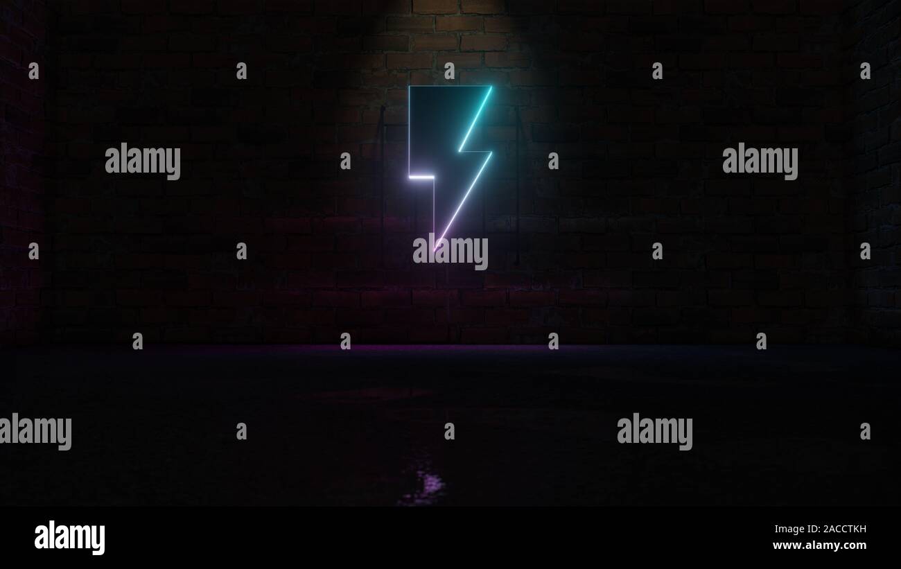 3d Rendering Of Blue Violet Neon Symbol Of Lightning On Dark Brick Wall Background With Wet