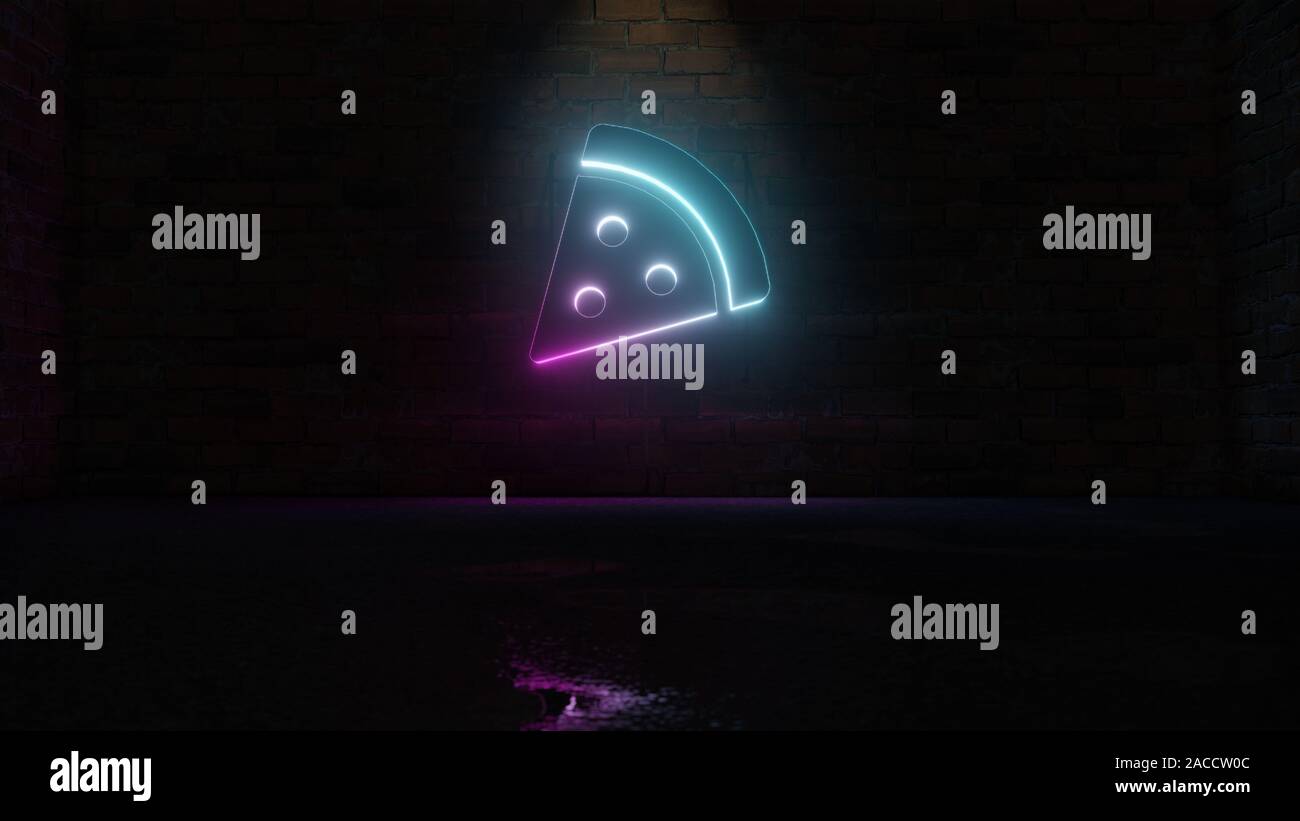 3D rendering of blue violet neon symbol of pizza slice on dark brick ...