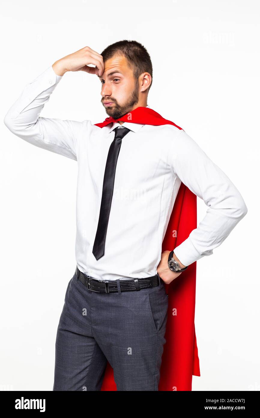 Confused business man super hero on white background Stock Photo - Alamy