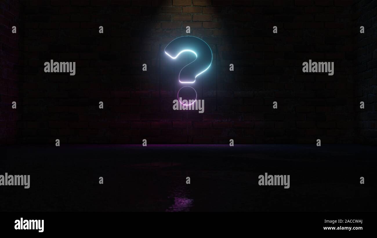 3D rendering of blue violet neon symbol of question mark on dark brick ...