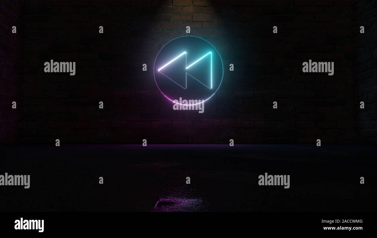 3D rendering of blue violet neon symbol of rewind sign in circle on ...