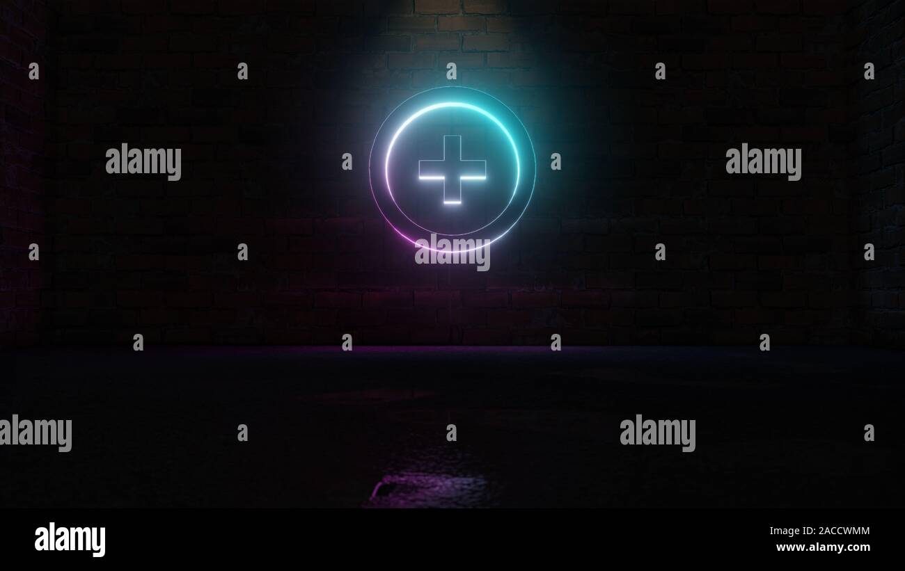 3D rendering of blue violet neon symbol of plus in circle on dark brick ...