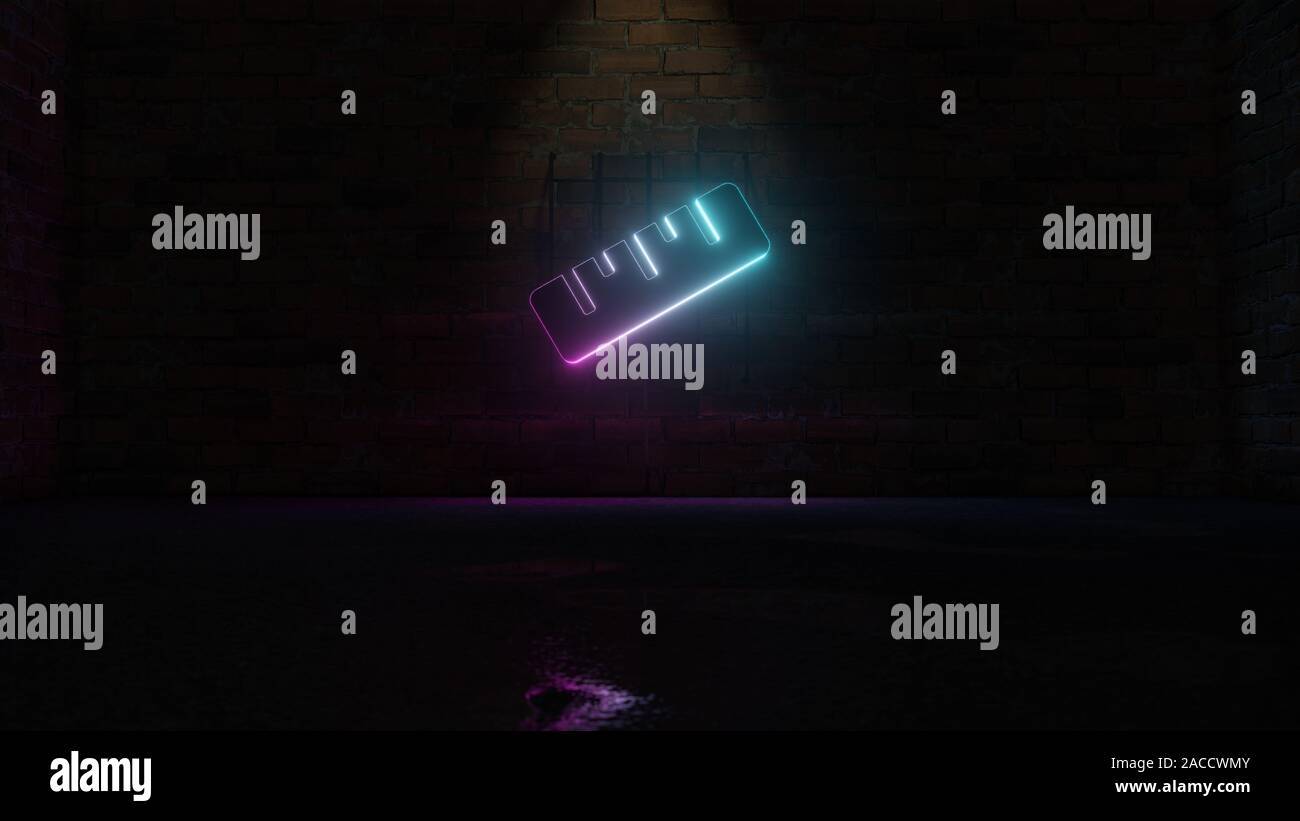3D rendering of blue violet neon symbol of ruler on dark brick wall ...
