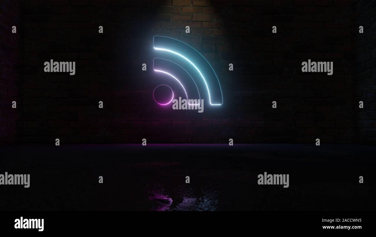 3D rendering of blue violet neon symbol of rss icon on dark brick wall ...
