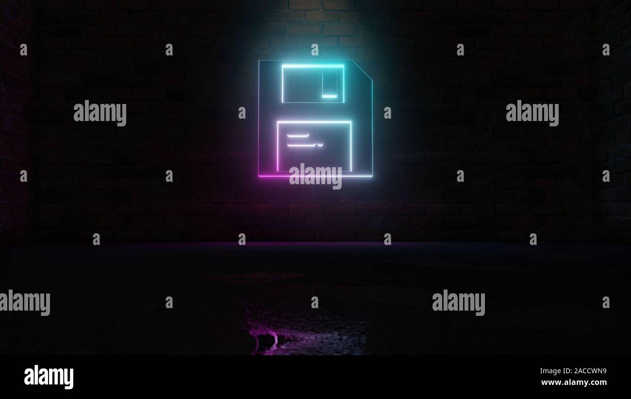 3D rendering of blue violet neon symbol of floppy disk on dark brick ...