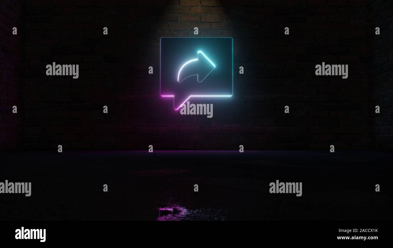 3D rendering of blue violet neon symbol of comment bubble with forward ...