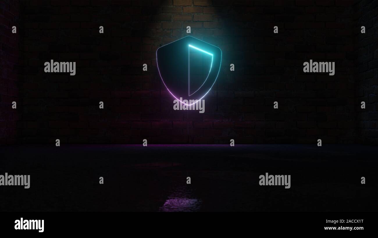 3D rendering of blue violet neon symbol of shield with left and right ...