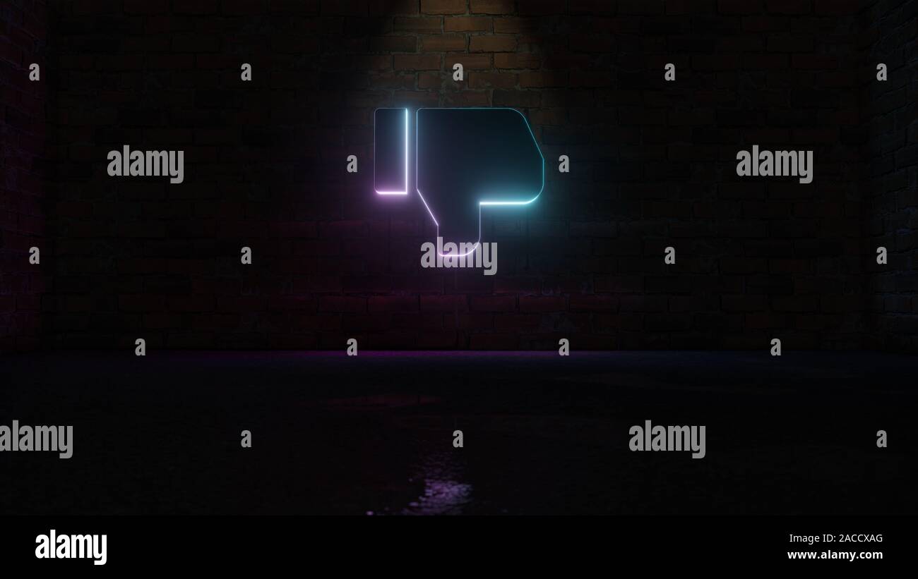 3D rendering of blue violet neon symbol of thumbs down on dark brick ...