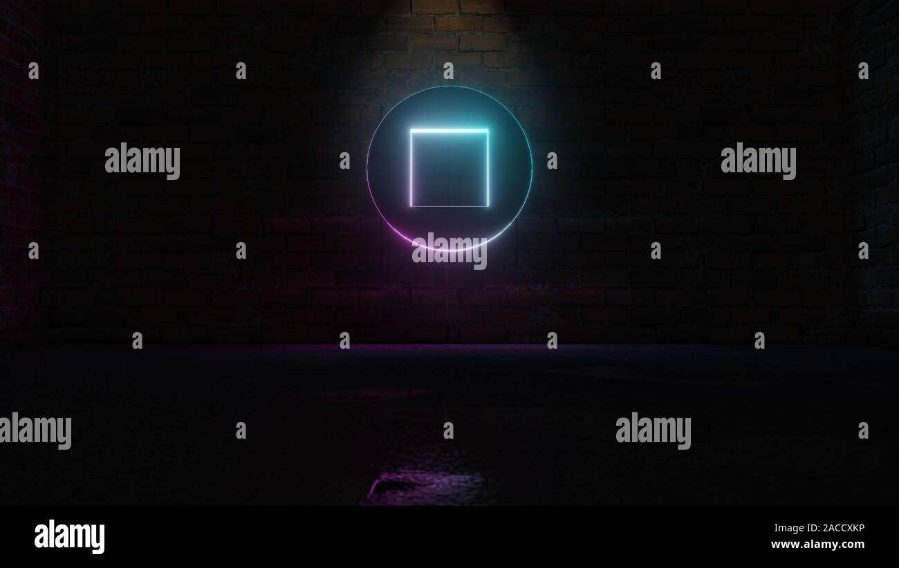 3D rendering of blue violet neon symbol of stop sign in circle on dark ...