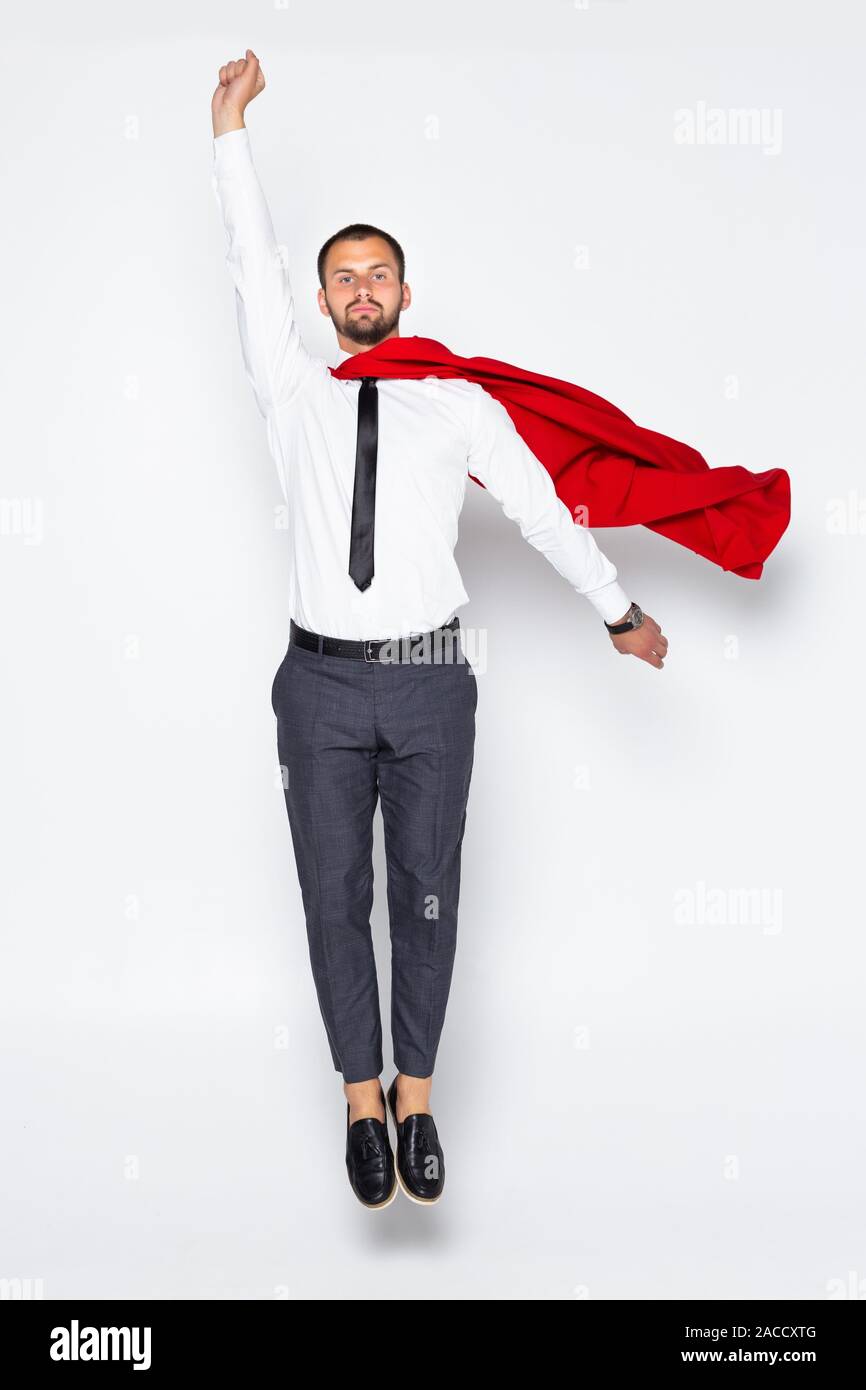 Full length body young superman pose mood wear formal wear white shirt ...