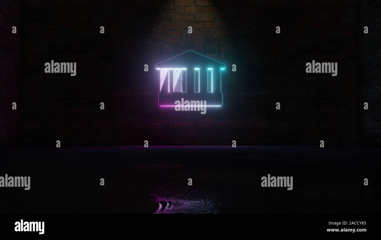 3D rendering of blue violet neon symbol of ancient Greek temple on dark ...