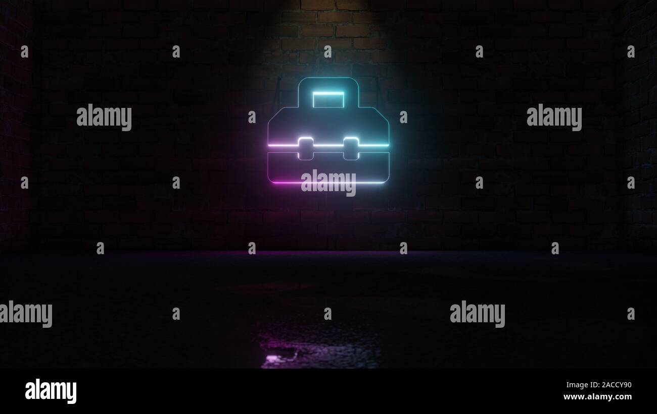 3D rendering of blue violet neon symbol of toolbox on dark brick wall ...