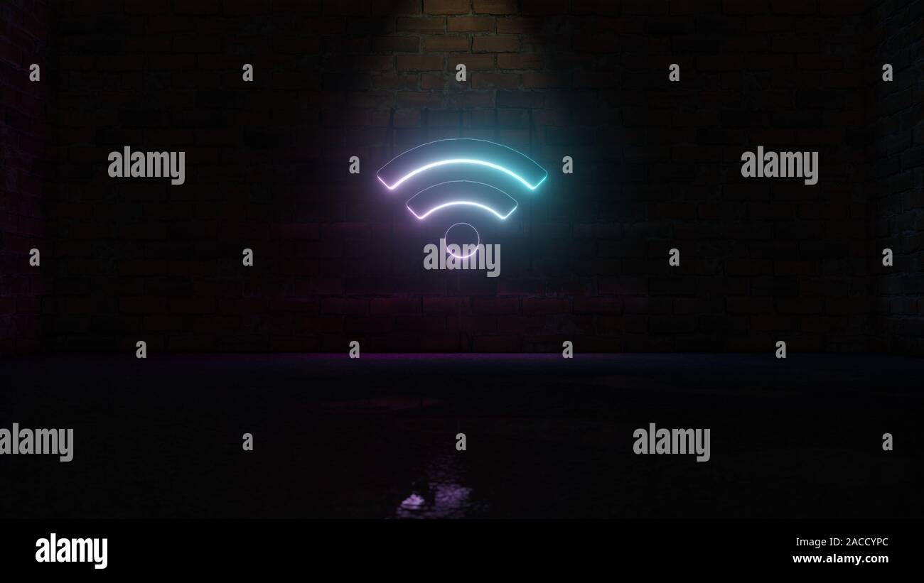 3D rendering of blue violet neon symbol of Wi-Fi signal with signal ...