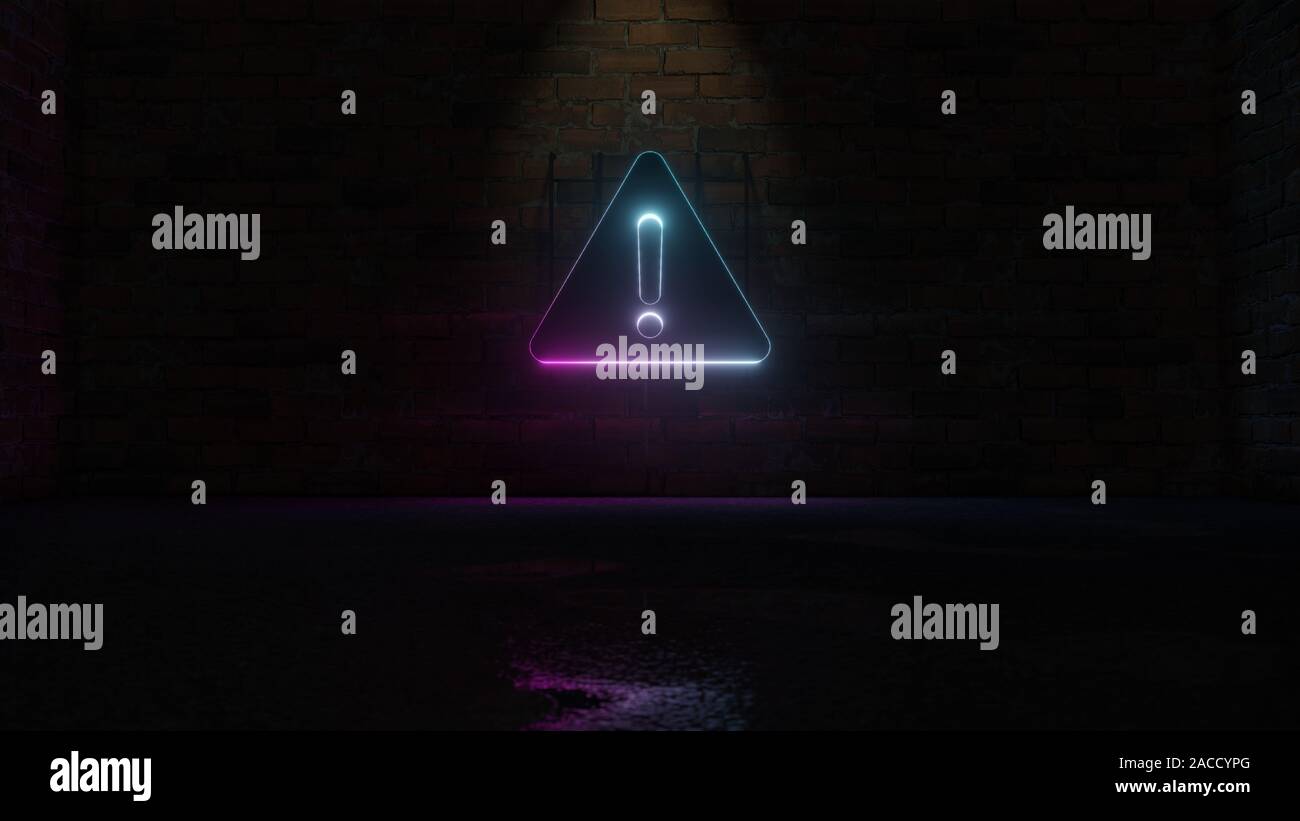 3D rendering of blue violet neon symbol of exclamation sign in triangle ...