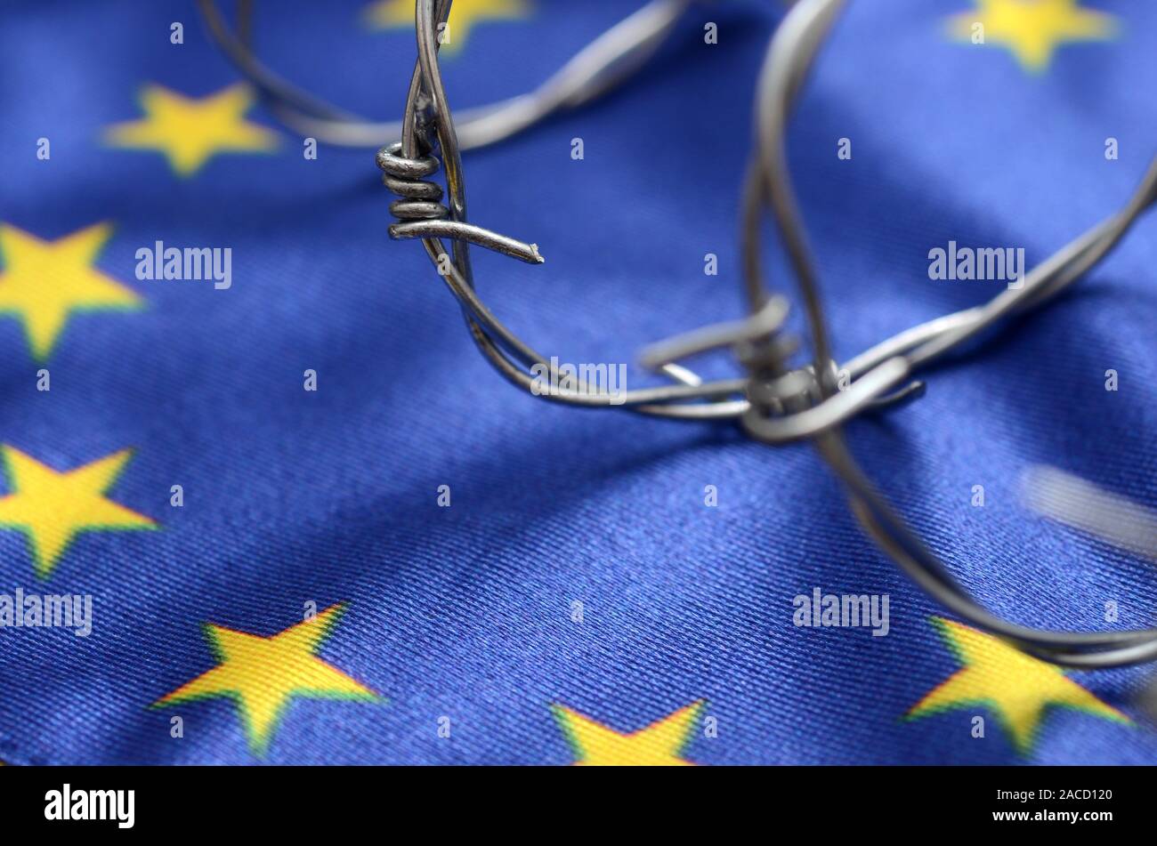 European Union flag and barbed wire, migration to European Union ...