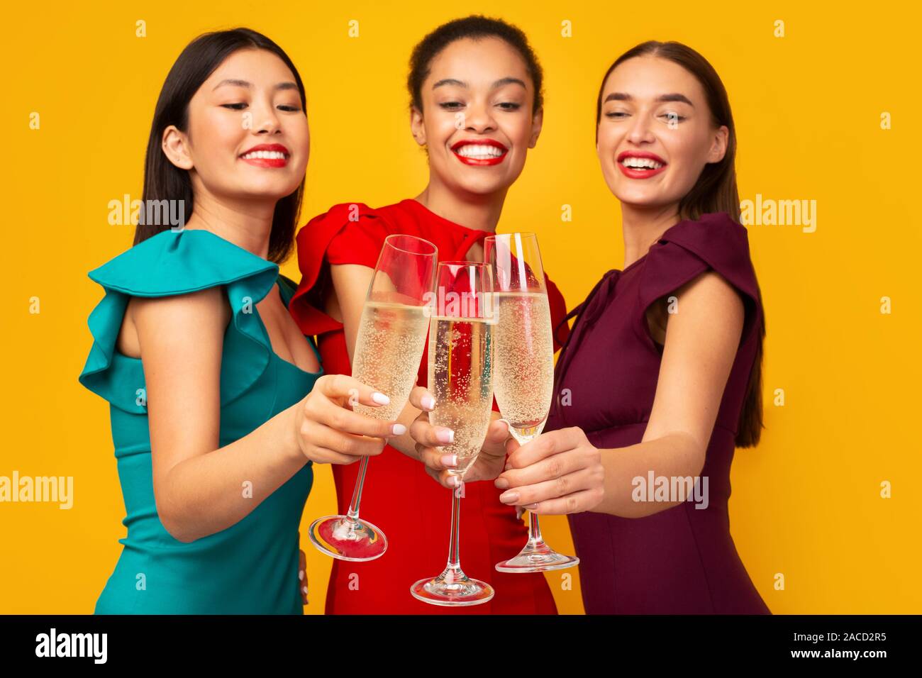 celebration, friends, bachelorette party, birthday concept - three ...