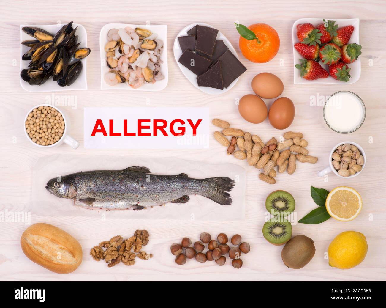 Food that often causes allergies Stock Photo - Alamy