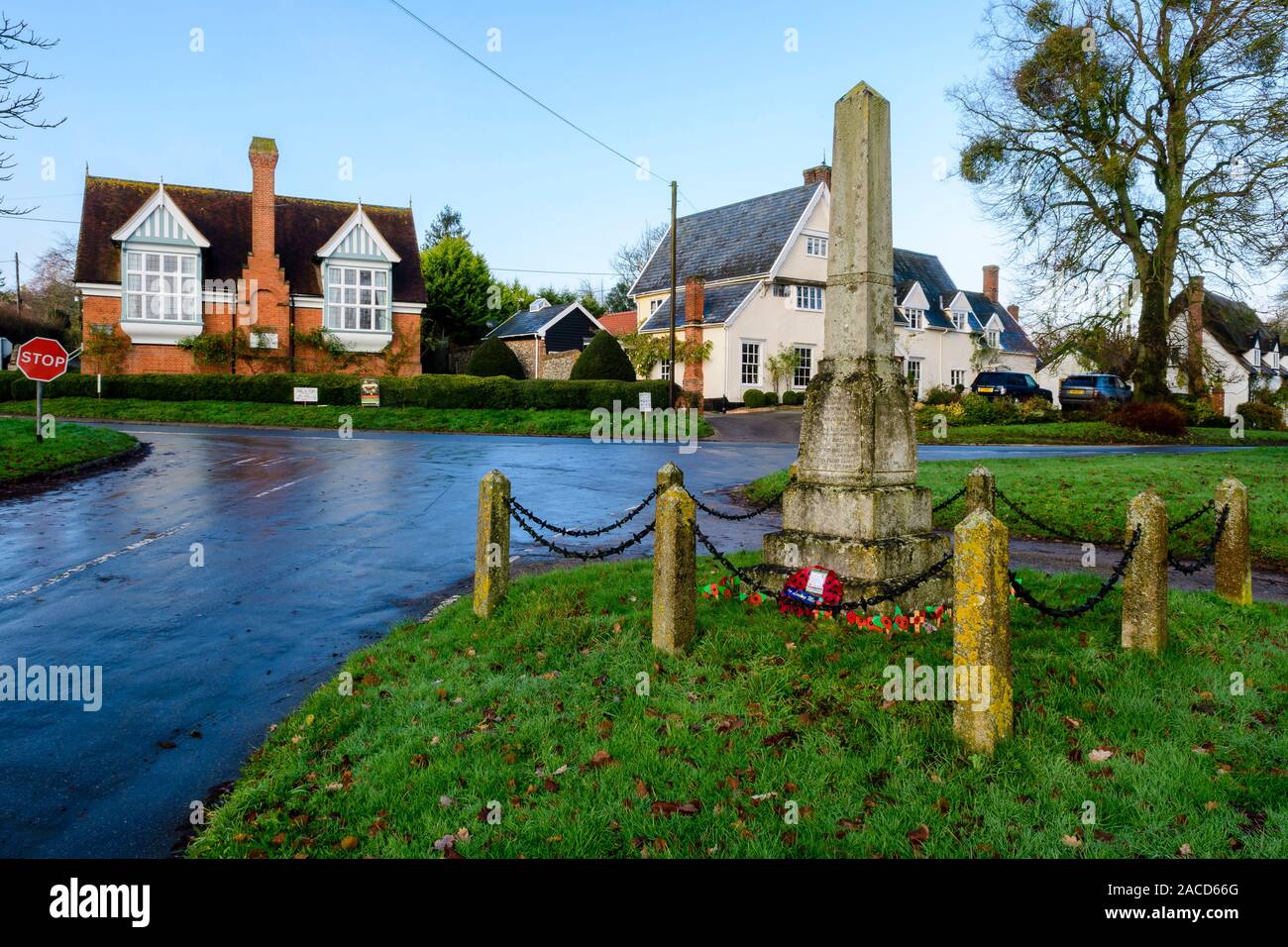 A war memorial on the village green in Suffolk village of Hartest ...