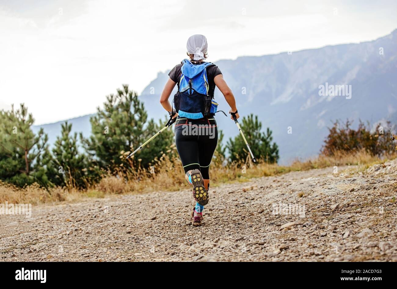 back woman runner with backpack and trekking poles run mountain trail ...
