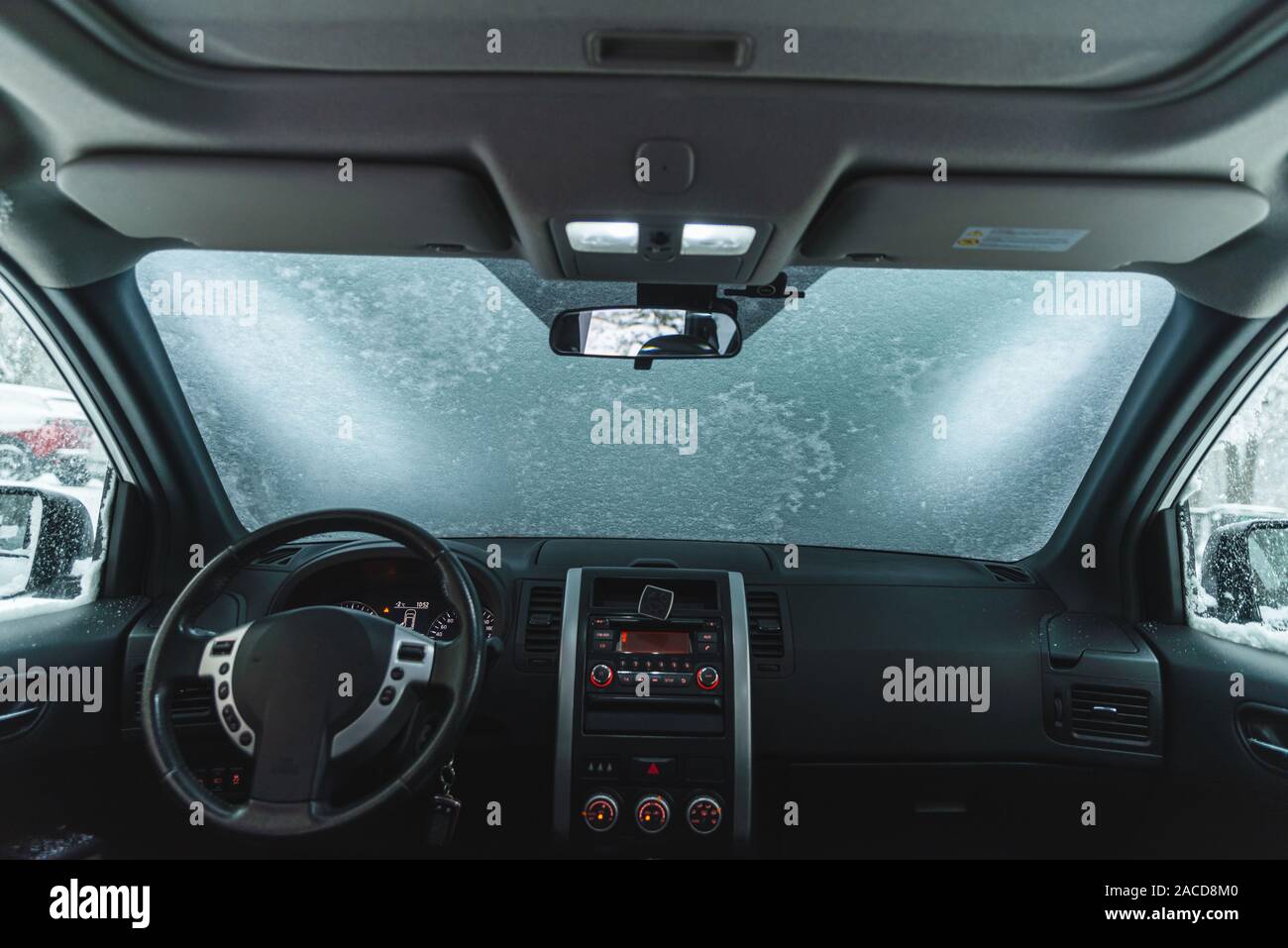view from inside of car snow at windshield after blizzard Stock Photo ...
