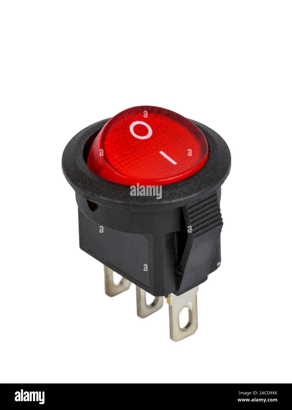 Red electrical power switch, electronic component, isolated on white ...